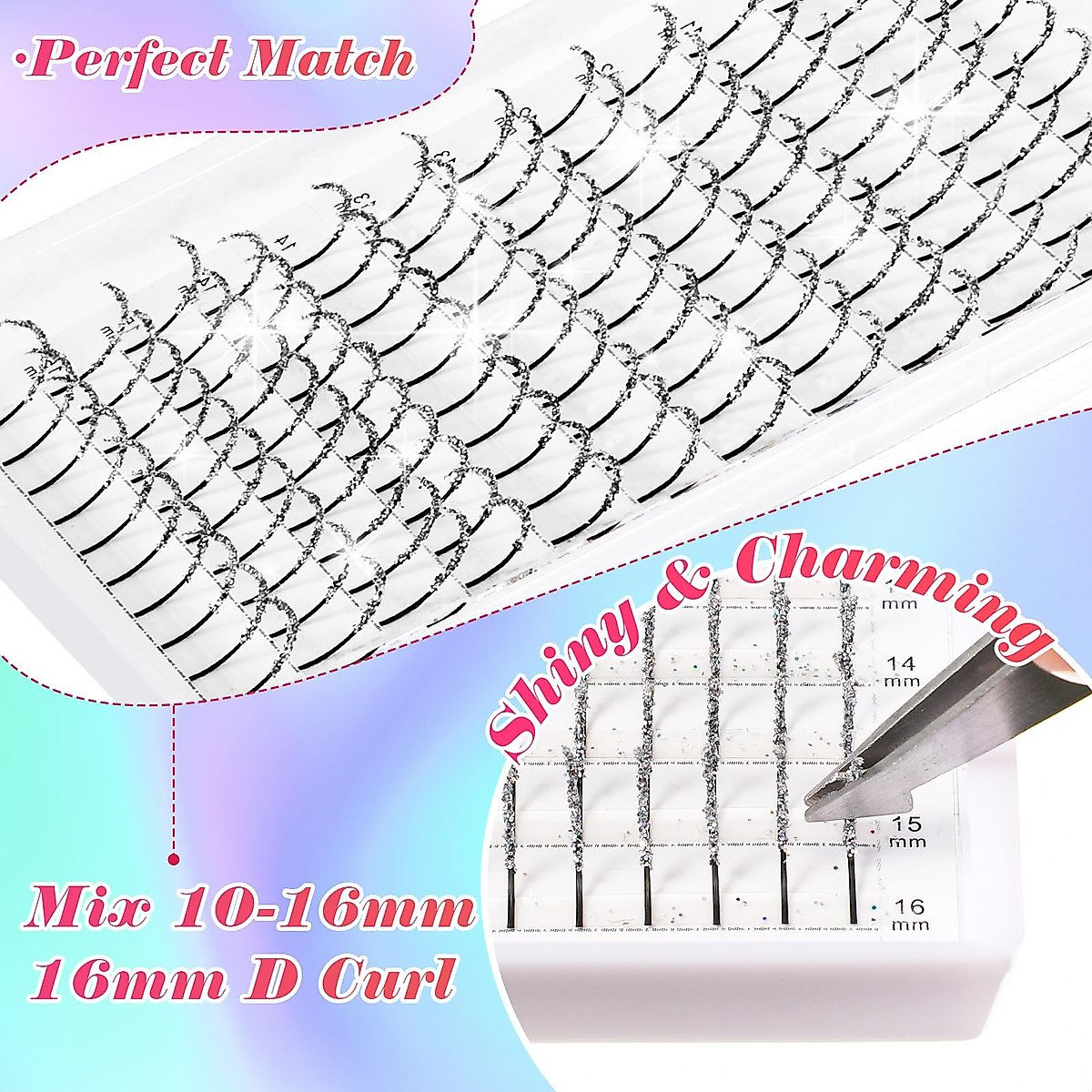 Dansib Glitter Lash Extensions D Curl 11-16mm Colored Single Lash with Eyelash Applicator, Spike DIY Individual Eyelashes with Eyelash Extension Tweezers Set for Daily Party Wedding（Silver）