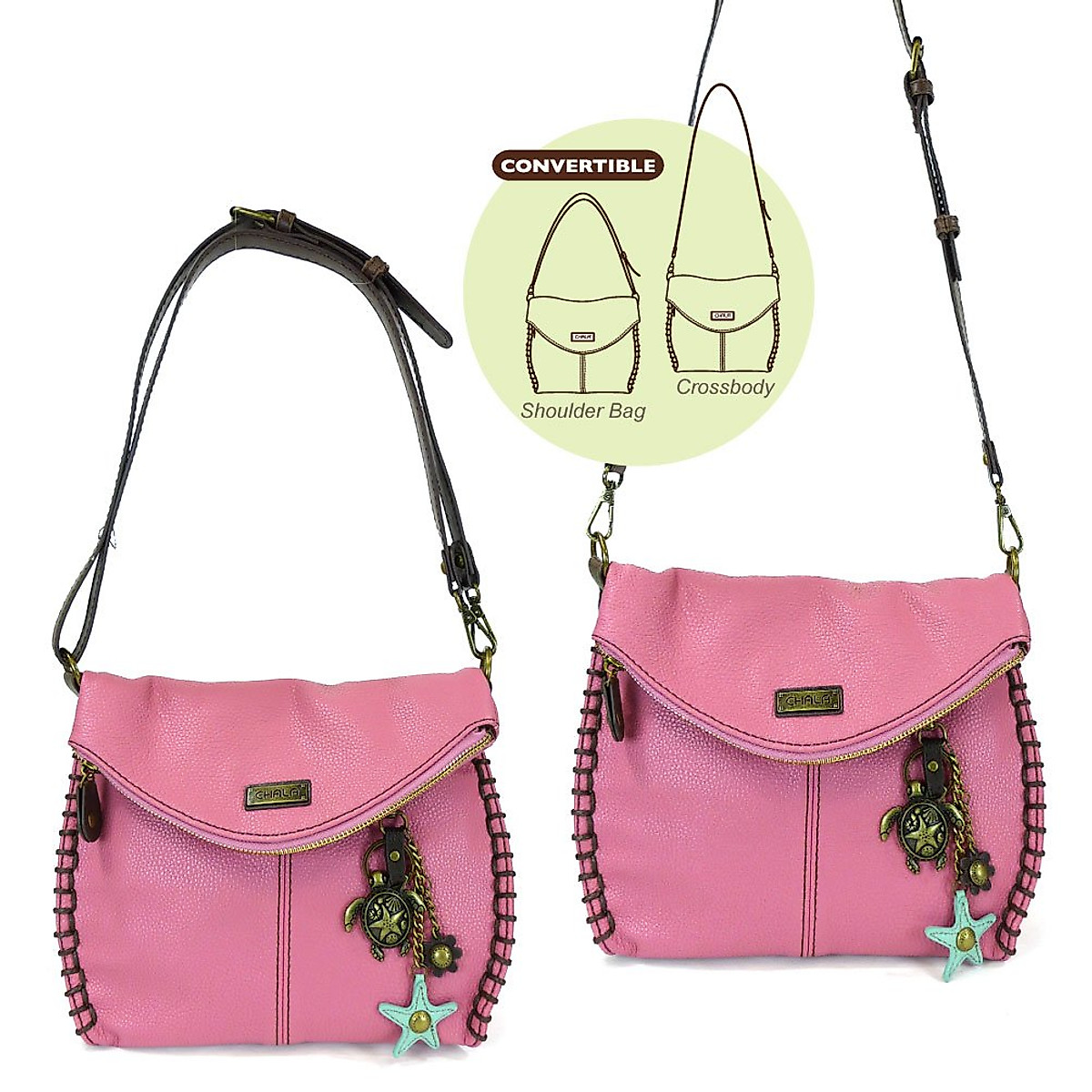 CHALA Bronze Sea Turtle with Teal Starfish Purse Charm + XBody/Shoulder Handbags - 9 Colors (Pink)