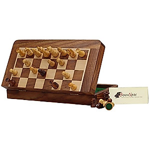 Magnetic Travel Chess Board Set - Classic Wood Staunton 7 X 7 Inch Pocket Chess Set with Folding Game Board Handmade in Fine Rosewood