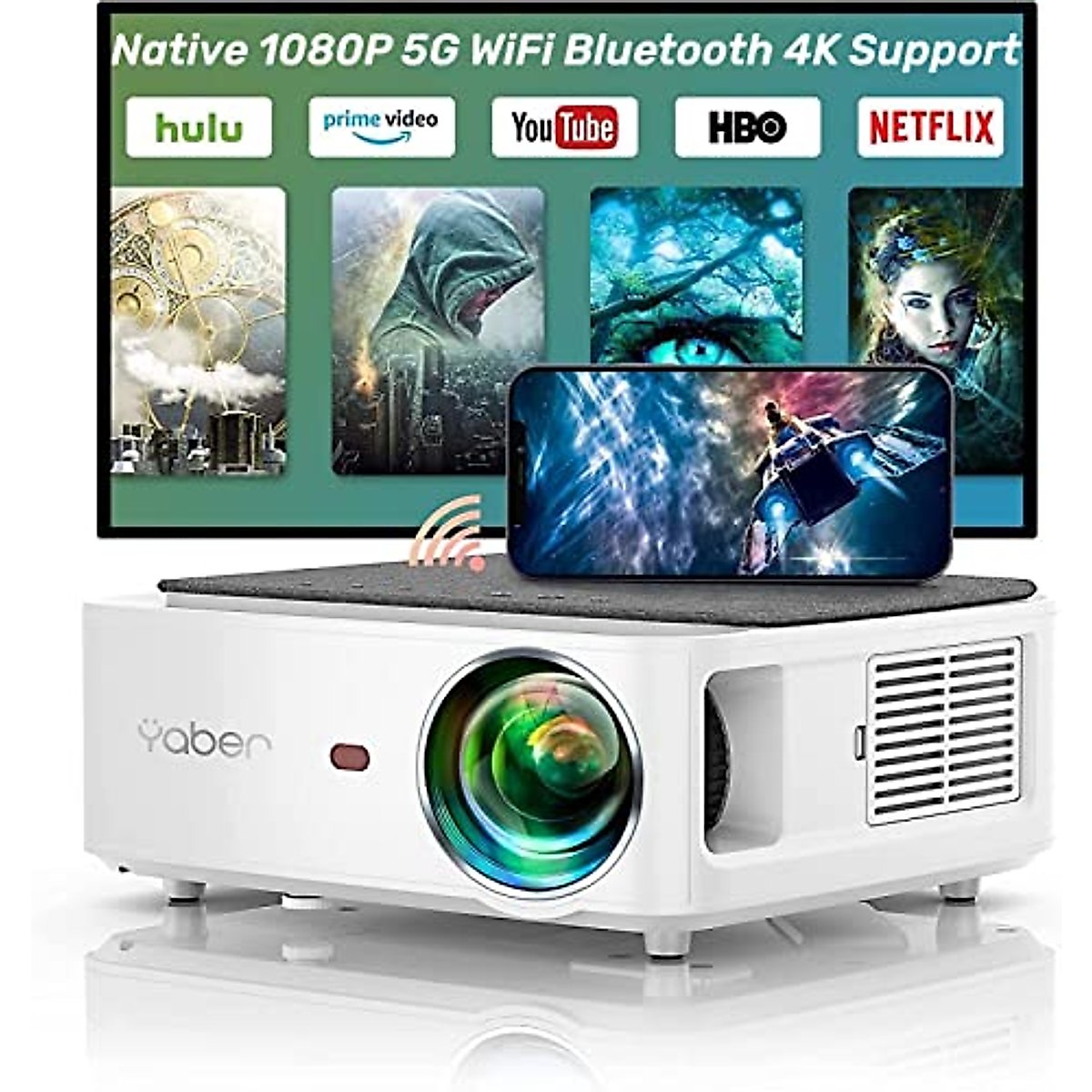 Projector with WiFi and Bluetooth, 13000L Outdoor Movie Projector 4K Supported, YABER V6 Native 1080P Portable Smart Home Projector, 4P Keystone 50% Zoom Compatible with iOS/Android/PC/TV Stick