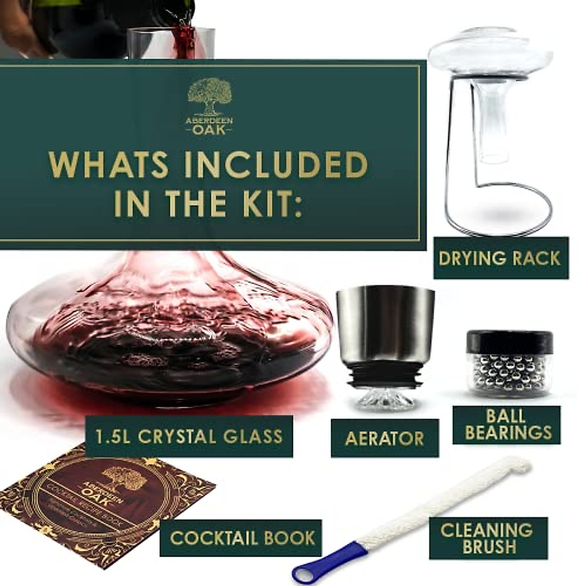 Crystal Glass Wine Decanter With Aerator - Wine Decanter Set With Wine Carafe Decanter, Aerator, Bottle Brush And Bottle Drying Rack, Wine Decanters And Carafes, Red Wine Decanter, 1.5L