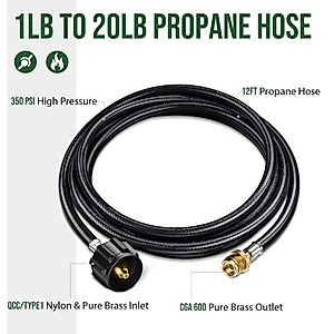 12FT Propane Hose Adapter1lb to 20lb, Propane Tank Adapter, Propane Adapter Hose for Propane Grill/ Camping Stove and Buddy Heater, QCC1/Type1 Propane Adapter 20lb to 1lb Converter, CSA Certified