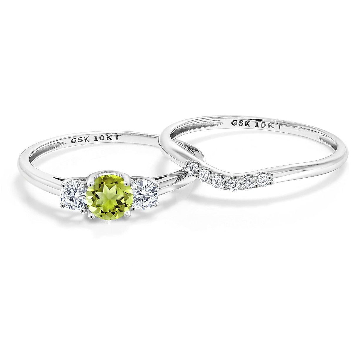 Gem Stone King 10K White Gold Green Peridot and White Lab Grown Diamond 3-Stone Bridal Engagement Wedding Ring Set For Women (0.79 Cttw, Gemstone August Birthstone, Round 5MM, Size 6)