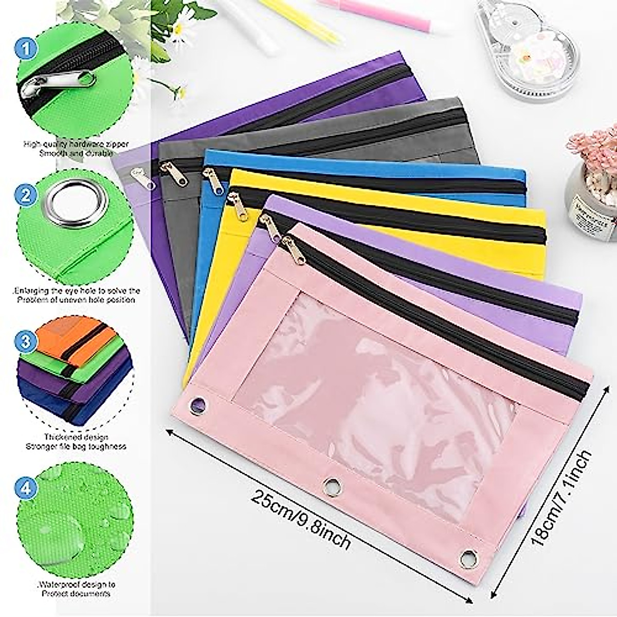 Tenceur 50 Pcs Pencil Pouch for 3 Ring Binder with Zipper Fabric Pencil Pouches Binder Pencil Bag with Clear Window Bulk Pencil Case for Office(9.8 x 7.1 Inch)