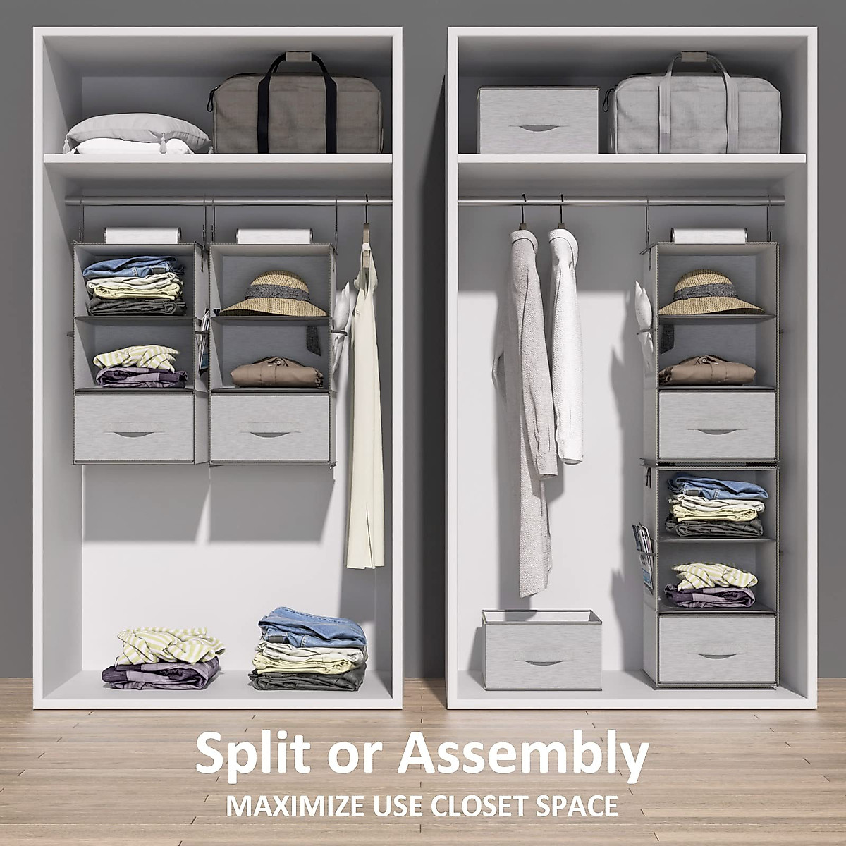 YOUDENOVA Hanging Closet Organizers and Storage, Two 3-Shelf Closet Hanging Shelves with Drawers, Canvas, Beige