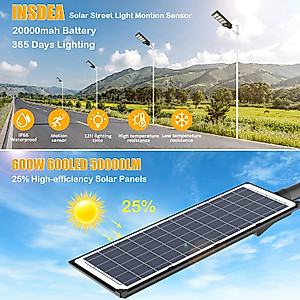 INSDEA 600W Solar Lights for Outside, 50000LM Dusk to Dawn Solar Street Light Motion Sensor, IP66 Waterproof Solar Security Flood Lights Outdoor for Garden,Yard,Parking Lot