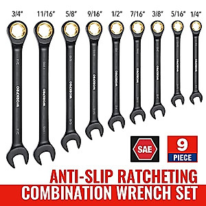 WORKPRO 9-Piece Anti-Slip Ratcheting Combination Wrench Set, SAE 1/4"-3/4", 72-Tooth, Cr-V Constructed, Black Ratchet Wrenches Set with Roll Up Pouch