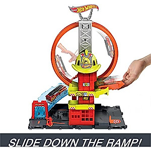 Hot Wheels Toy Car Track Set City Super Loop Fire Station & 1:64 Scale Firetruck, Connects to Other Sets