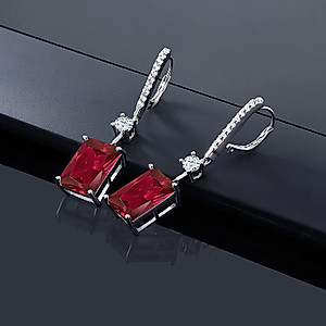 Gem Stone King 925 Sterling Silver Red Created Ruby Dangle Earrings For Women (10.30 Cttw, Emerald Cut 14X10MM)