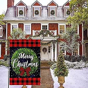 pinata Christmas Garden Flag Winter 12 x 18 Double Sided, Holiday Outdoor Decorative Boxwood Wreath Buffalo Plaid Christmas Decorations Small Yard Flag Burlap Snowflake Banner Outside Seasonal Sign
