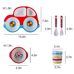 5 Piece Bamboo Dinnerware for Kids, Toddler, Car Plate and Bowl Set, Eco Friendly and Dishwasher Safe, Great Gift for Birthday, Baby Shower