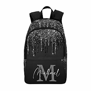 Custom Name Backpack Bag for Boys Girls Son, Personalized Black Glitter Sparkle Drip with Initial Schoolbag Casual Backpack Customized Bookbag for Kids Unisex Back School Camping Hiking Travel