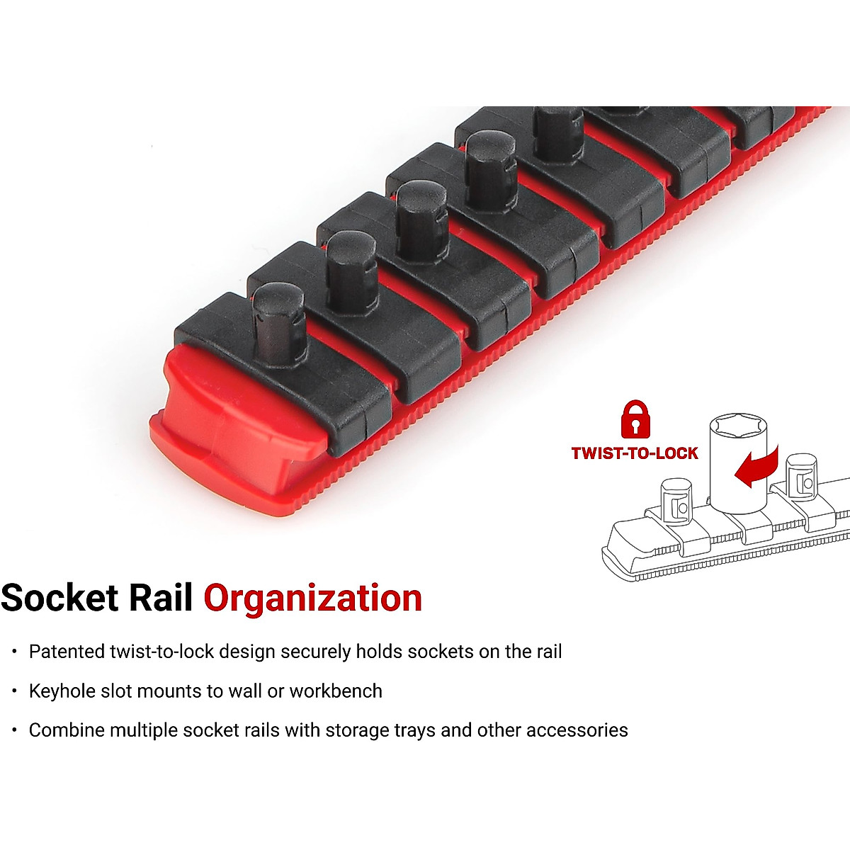 TEKTON 1/2 Inch Drive x 13 Inch Socket Rail, 10 Clips (Red) | OSR22110