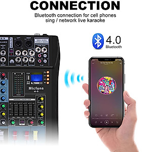 DJ Console Mixer Micfuns 8 Channel with Sound Board USB Bluetooth Audio Interface 48V Phantom Power Mixer Use for DJ Studio PC Recording Singing Webcast Party