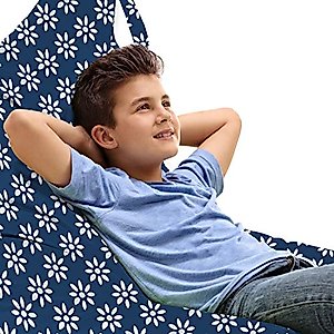 Ambesonne Dutch Lounger Chair Bag, Hand Drawn Style White Flowers on a Blue Background Classic Delft Pattern, High Capacity Storage with Handle Container, Lounger Size, Navy Blue and White