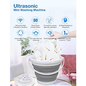 bubbacare Portable Washing Machine, Mini Washing Machine with Foldable Laundry Bucket,Portable Turbo Washer by for Socks Underwear Bra, Travel Business Trip or College Rooms, White Gray
