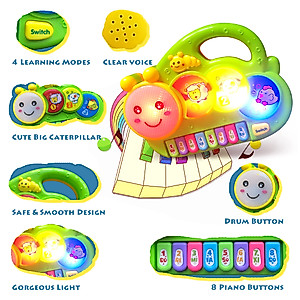 AMINFUN Baby Piano Drum 6-12 Months Toy, Caterpillar Piano Keyboard Drum Light Up Sound Musical Toy, Learning Educational Interactive Infant Toddler 12-24 Months Gift