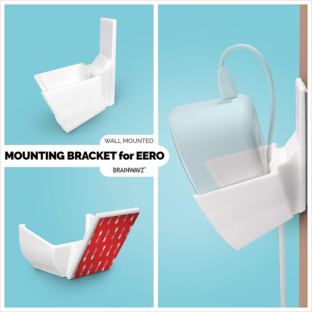 Screwless Wall Mount for Eero Mesh WiFi Holder, Tilted for Max Reception, Custom Design (NOT Compatible with Eero 6/Pro 6/Beacon), Strong VHB Adhesive, No Tools, No Mess, White by Brainwavz