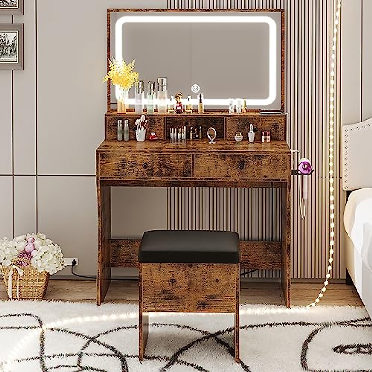 LIKIMIO Vanity Desk with LED Lighted Mirror & Power Outlet & 4 Drawers, Dressing Makeup Table Set with Storage Stool and Hair Dryer Stand, Vintage Brown