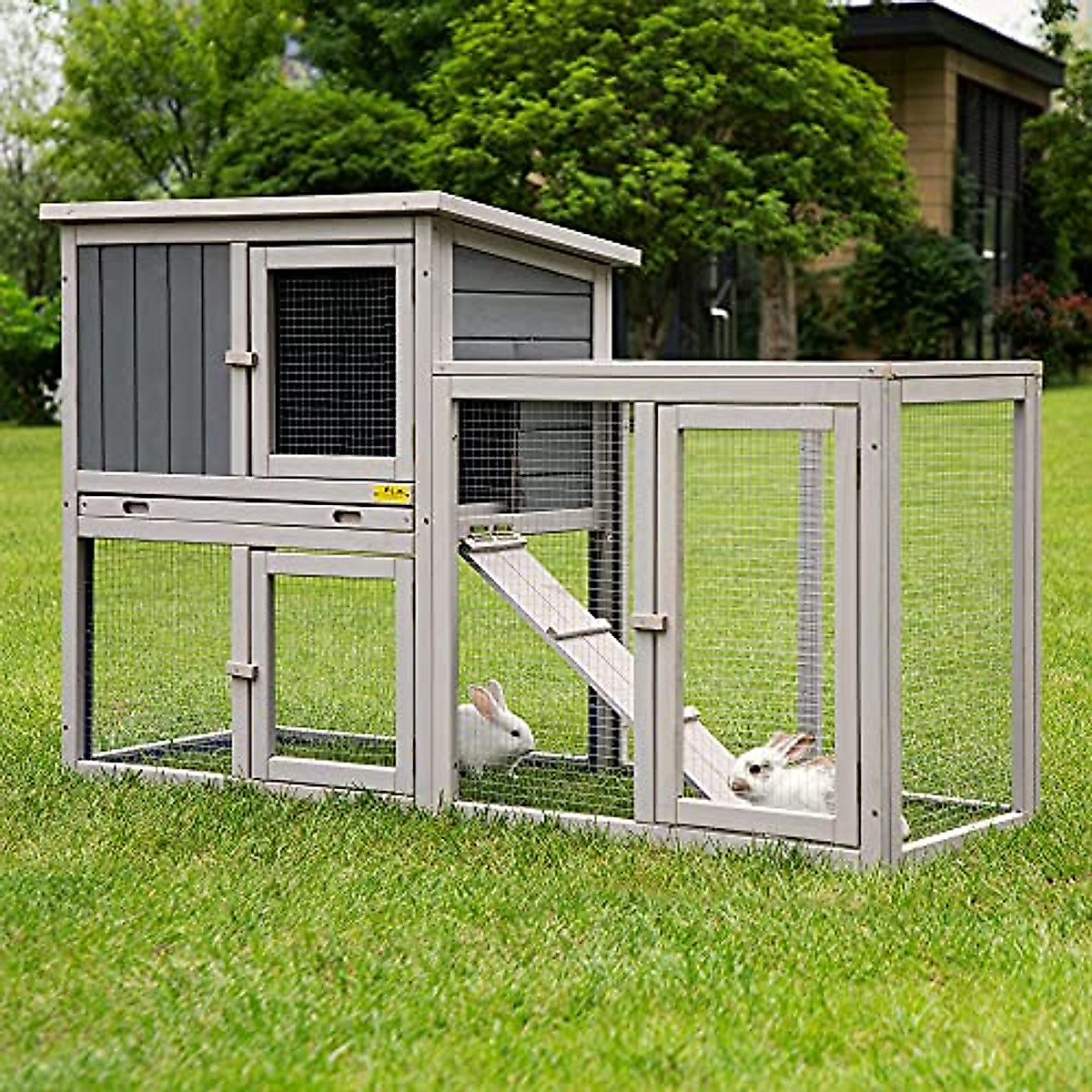 COZIWOW Indoor/Outdoor Rabbit Hutch, 2 Story Wooden Pet Bunny House Wooden Cage with Water Bottle,Ventilation Gridding Fence, Cleaning Tray, for Small Animals, Grey