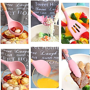 VIVAYO Silicone Cooking Utensil Kitchen Utensils Set, 12 Pieces Silicone Kitchen Utensil Wooden Handles, Kitchen Spatula Sets with Holder Spoon Turner Tongs, Pink
