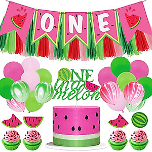 Watermelon Birthday Party Decorations One in A Melon Cake Topper Watermelon Cupcake Topper Melon Balloon 1st Bday High Chair Banner for Summer Fruit Themed First Birthday Party Supplies Glitter Decor