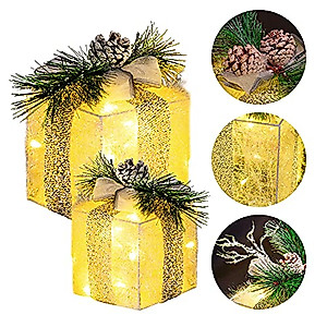 Hourleey Set of 3 Christmas Lighted Gift Boxes, Pre-lit 60 LED Light Up Present Boxes Ornament Outdoor Warm White Tinsel Boxes Decoration for Indoor Christmas Home Yard Lawn Decor