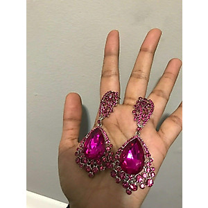 3.25" Long Hot Pink Fuchsia Dangle Pageant Rhinestone Crystal Silver Earrings