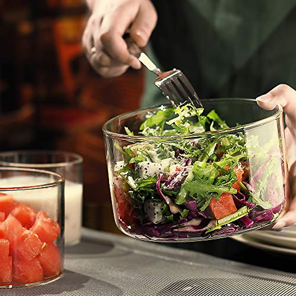 LUXU Glass Salad Bowl Set of 3 Glass,1 of 46OZ Salad Bowl,1 of 29 OZ Mixing bowl,1 of 15 OZ Fruit Bowl