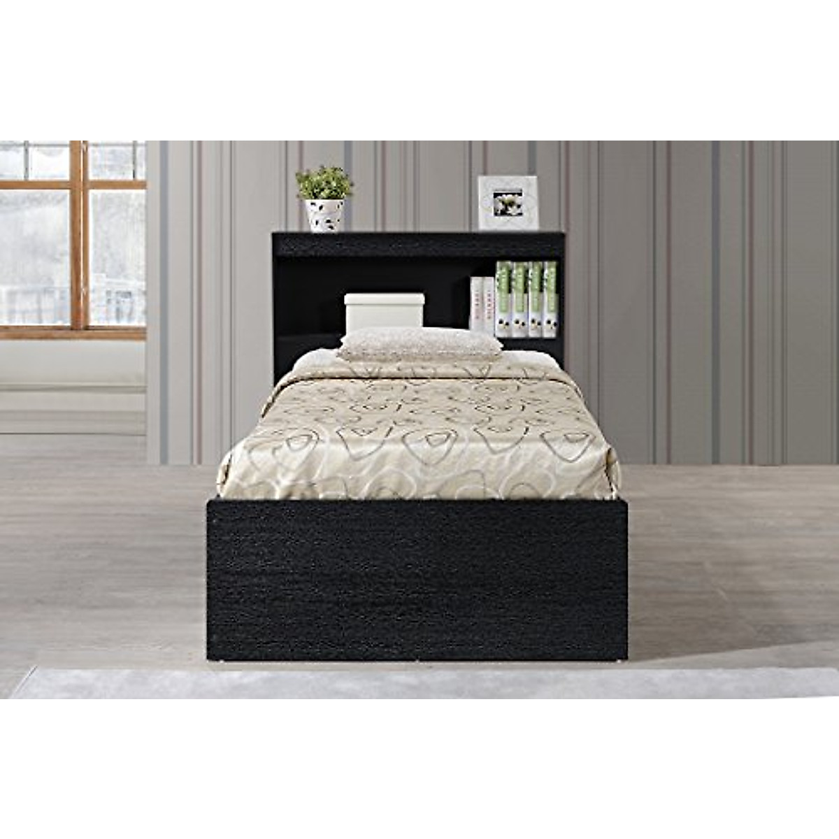Hodedah Twin-Size Captain Bed with 3-Drawers and Headboard in Black, 85.6"L x 42.3"W x 39.2"H