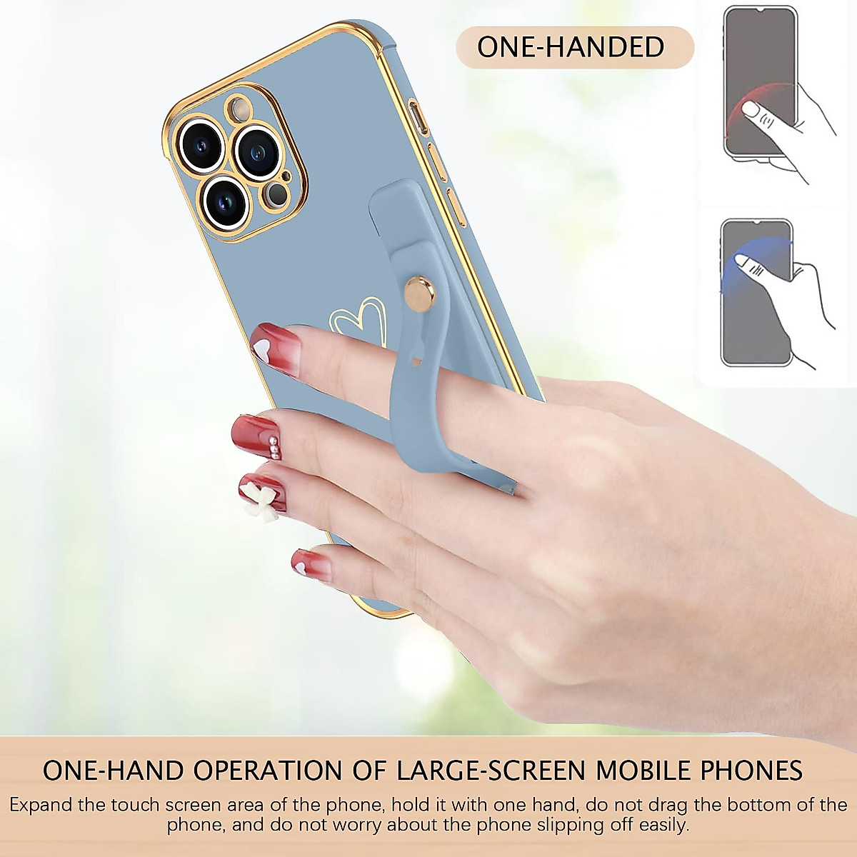 BENTOBEN for iPhone 13 Pro Max Phone Case, Cute Heart Adjustable Strap Wristband Kickstand Holder Shockproof Protective Soft TPU Luxury Plating Raised Trim Girls Women iPhone 13 Pro Max Case, Gray