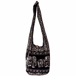 Sling Cross body BAG SHOPPING COTTON over 40 prints owl koi turtle daisy peacock aztec paisley elephant YAM Shoulder BIG (Black ELEPHANT)