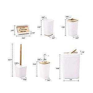 KRALIX White Bathroom Accessories Set, 6 Piece Complete Bamboo Bathroom Set with Toothbrush Holder and Cup, Soap Dish and Dispenser, Trash Can, Toilet Brush, White Bathroom Set Accesorios para Baños