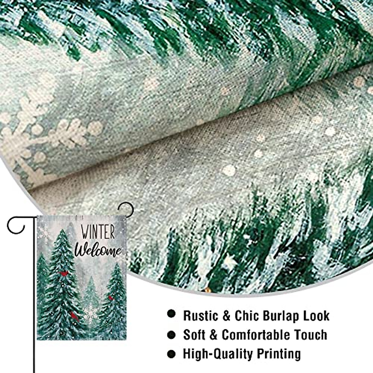 Artofy Winter Welcome Decorative Garden Flag Pine Trees, Snowy Forest Red Cardinal Birds House Yard Lawn Outdoor Burlap Flag, Farmhouse Outside Decoration Snowflakes Home Decor Double Sided 12 x 18