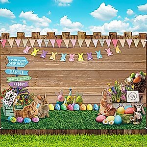 Easter Spring Backdrop Rabbit Road Sign Wooden Wall Photography Background Flowers Grass Easter Props for Photography Flag Bunny Eggs Banner Photo Booth Props Easter Party Decoration, 70.8 x 43.3 Inch