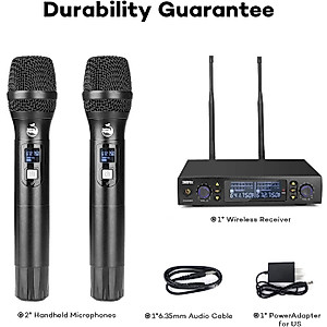 Wireless Microphone, Professional UHF Metal Double Cordless Dynamic Mic Handheld Microphone, Infrared Frequency Pairing Microphone System For Home Karaoke, DJ, Conference, Party, Wedding, Church 200FT