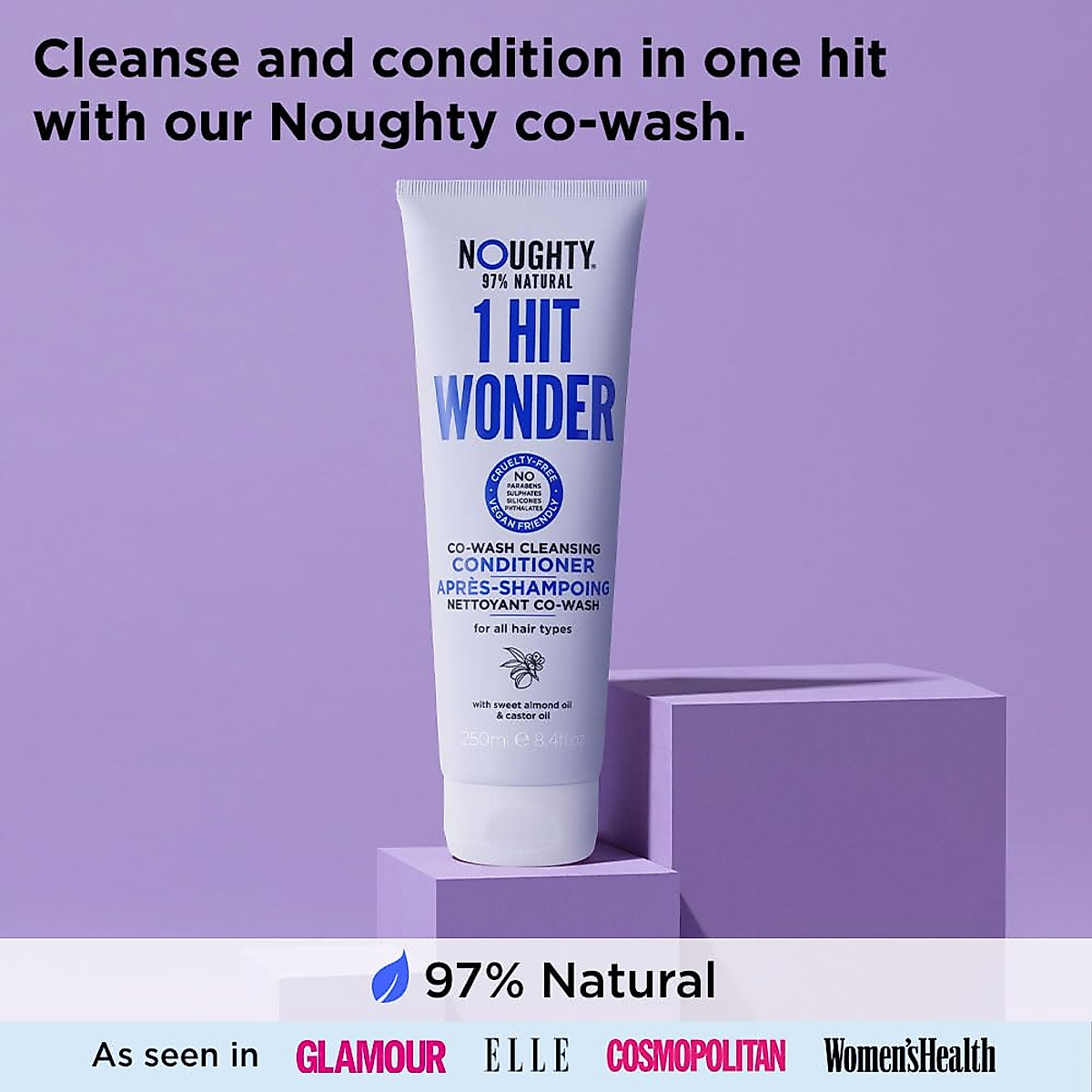 Noughty 97% Natural 1 Hit Wonder Co-Wash Non Foaming 2 in 1 Shampoo and Conditioner With Sweet Almond Oil and Castor Oil, Sulphate Free Vegan Haircare 250ml