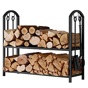 Fire Beauty Fireplace Firewood Log Rack 5-Piece Storage Logs Holder with Tools Set with 4 Tools Set Fireside Holders Wood Lumber Storage Stacking Black