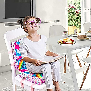 2PCS Toddler Booster Seat for Dining Table, Chair Increasing Cushion for Baby Kids, Washable Thick Chair Seat Pad Mat Strap, Portable Dismountable Adjustable Highchair Booster - Unicorn