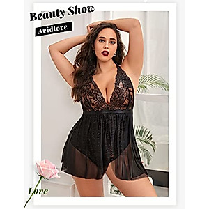 Avidlove Plus Size Babydoll Womens Lingerie Snap Crotch Lace Nighty Halter Plunging Mesh Sleepwear 14-24W (18W, Black)