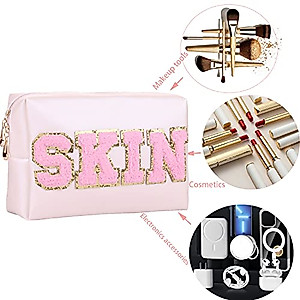 CRUOXIBB Preppy Patch Cosmetic Toiletry Bag for Women SKIN Letters PU Leather Portable Makeup Bag Zipper Pouch Storage Purse Waterproof Organizer for Travel (Shell Gold)