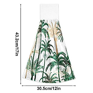 Green Gold Palm Trees Seamless On White 2 Pcs Hanging Kitchen Hand Towels, Hanging Tie Towels with Hook & Loop Dishcloths Sets, Decorative Absorbent Tea Bar Bath Hand Towel
