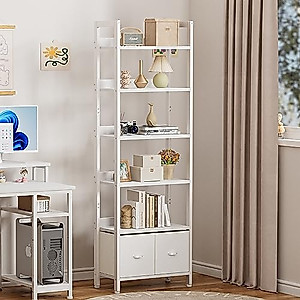 Furologee White 6 Tier Bookshelf with Drawers, Tall 71" Bookcase with Shelves, Modern Wood and Metal Book Shelf Storage Organizer, Display Free Standing Shelf Unit for Bedroom, Living Room, Office