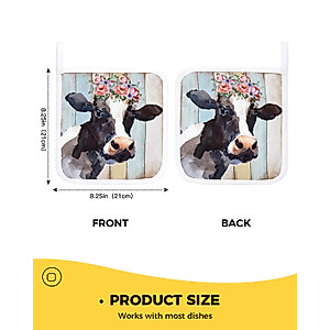 Pot Holder Set of 4 Farm Animal Cute Cow with Flower Wreath Potholder Heat Proof Non-Slip Pot Holders,Farmhouse Vintage Wooden Board Hot Pads Potholders for Kitchen Cooking Baking BBQ