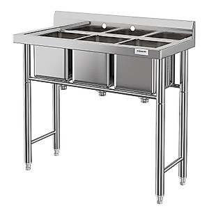 GAOMON Freestanding Commercial Kitchen Sink Stainless Steel 3 Compartments Prep & Utility Sink with Legs for Restaurant, Kitchen, Laundry Room, Garage, Bar