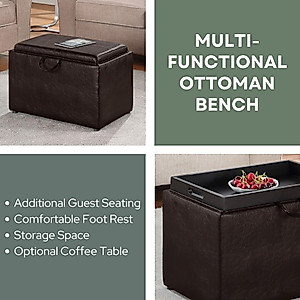 Convenience Concepts Designs4Comfort Accent Storage Ottoman 22.75" - Modern Foot Stool with Decorative Tray for Living Room, Dining Room, Office, Den, Espresso Faux Leather