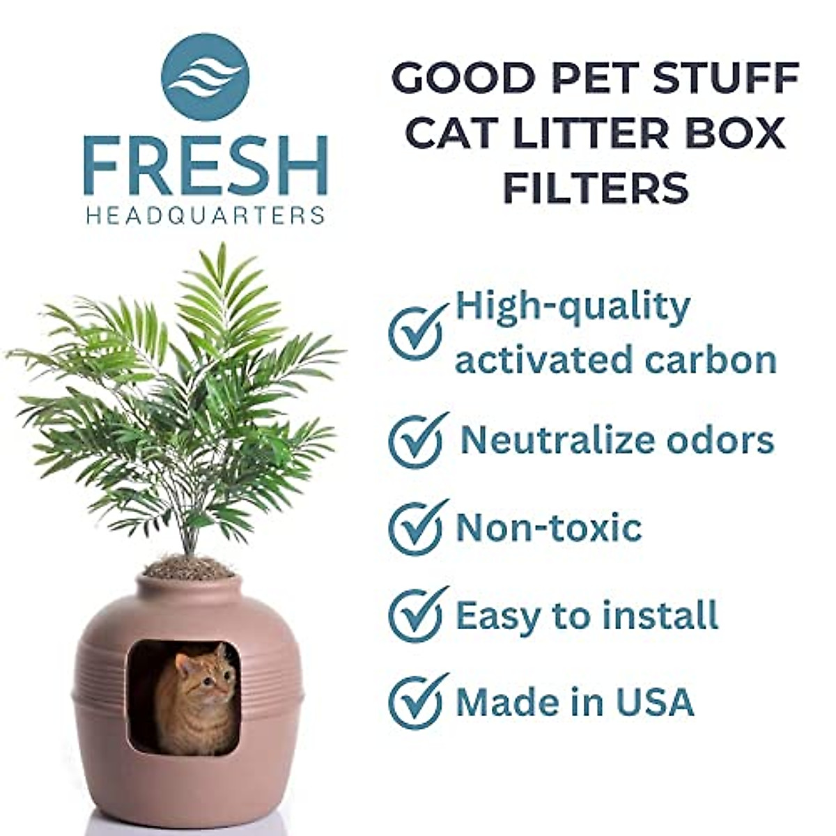 FRESH HEADQUARTERS Activated Carbon Filter Replacements Compatible with Good Pet Stuff Hidden Cat Litter Planter – Active Charcoal Filters Eliminate up to 99% of Cat Box Smells (4 Pack)