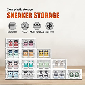 Eoszaous Shoe Box, 6 Pack Shoe Boxes Clear Plastic Stackable, Shoe Storage Boxes with Lids, Drop Front Shoe Boxes for Sneaker Storage Display, Fit Up to US Size 12 (13.6”x 10.4”x 7.5”) (Transparent)