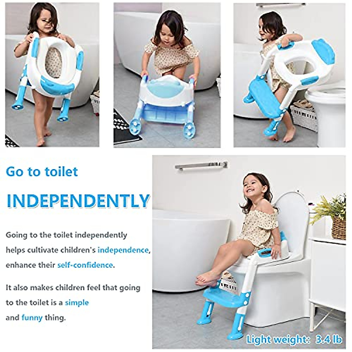 Besthls Potty Training Ladder Seat with Step Stool Ladder for Kids Boys Girl, Toddler Toilet Training Seat Chair with Soft Anti-Cold Padded Seat, Handles and Non-Slip Wide Steps (Light Sky Blue)