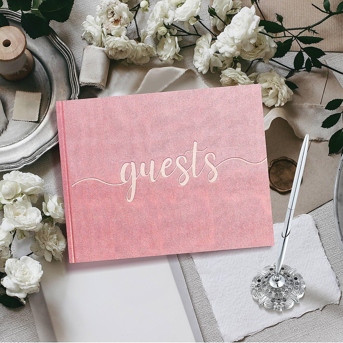 Velvet Wedding Guest Book with Pen and Pen Holder Wedding Reception Registry Books for Guests to Sign 7" x 10" Wedding Guestbook for Bridal Baby Shower Birthday Party, 120 Pages(Pink)